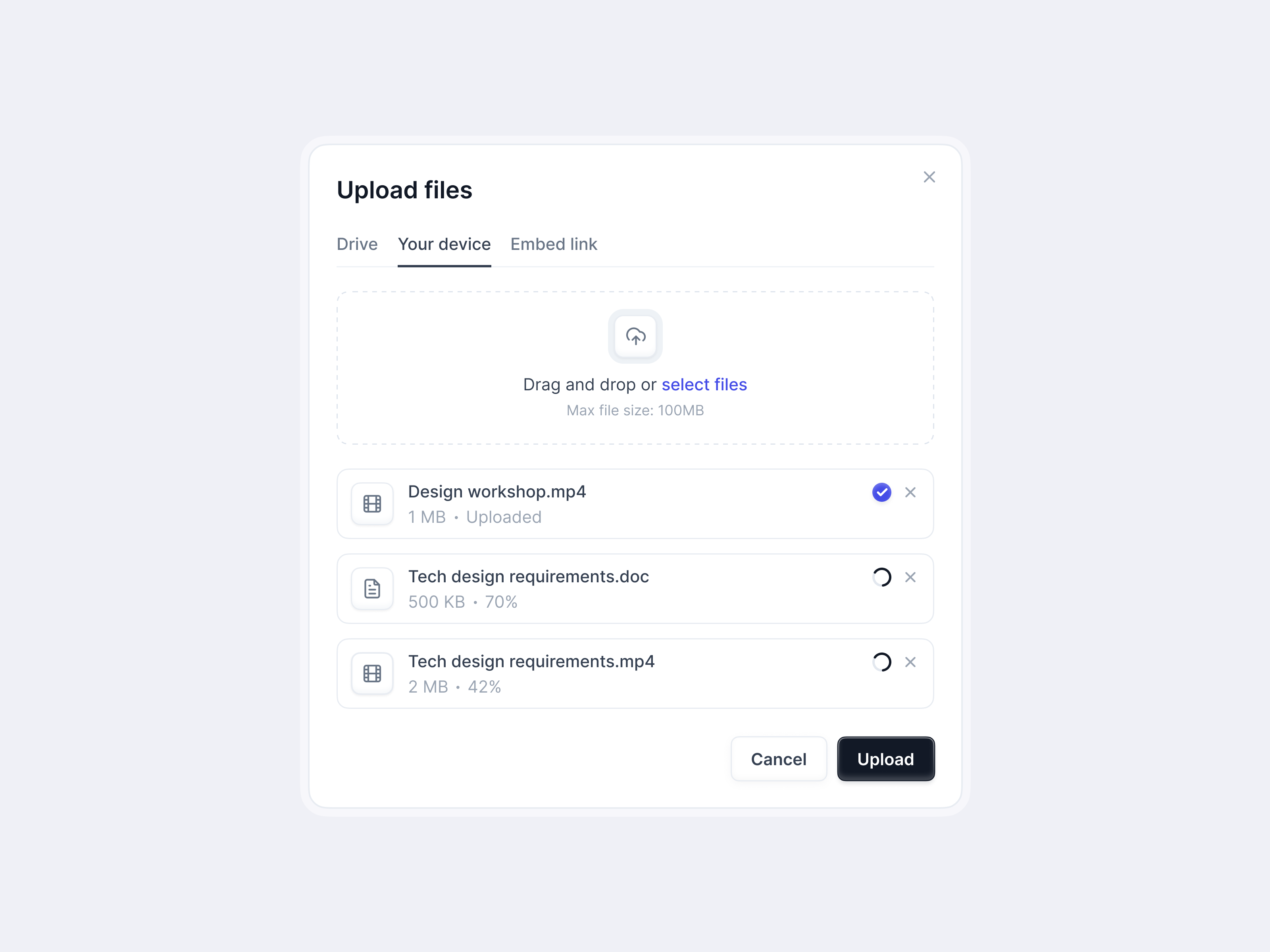 Upload files modal [Light mode] by Anastasiya Zhabrun | Layers