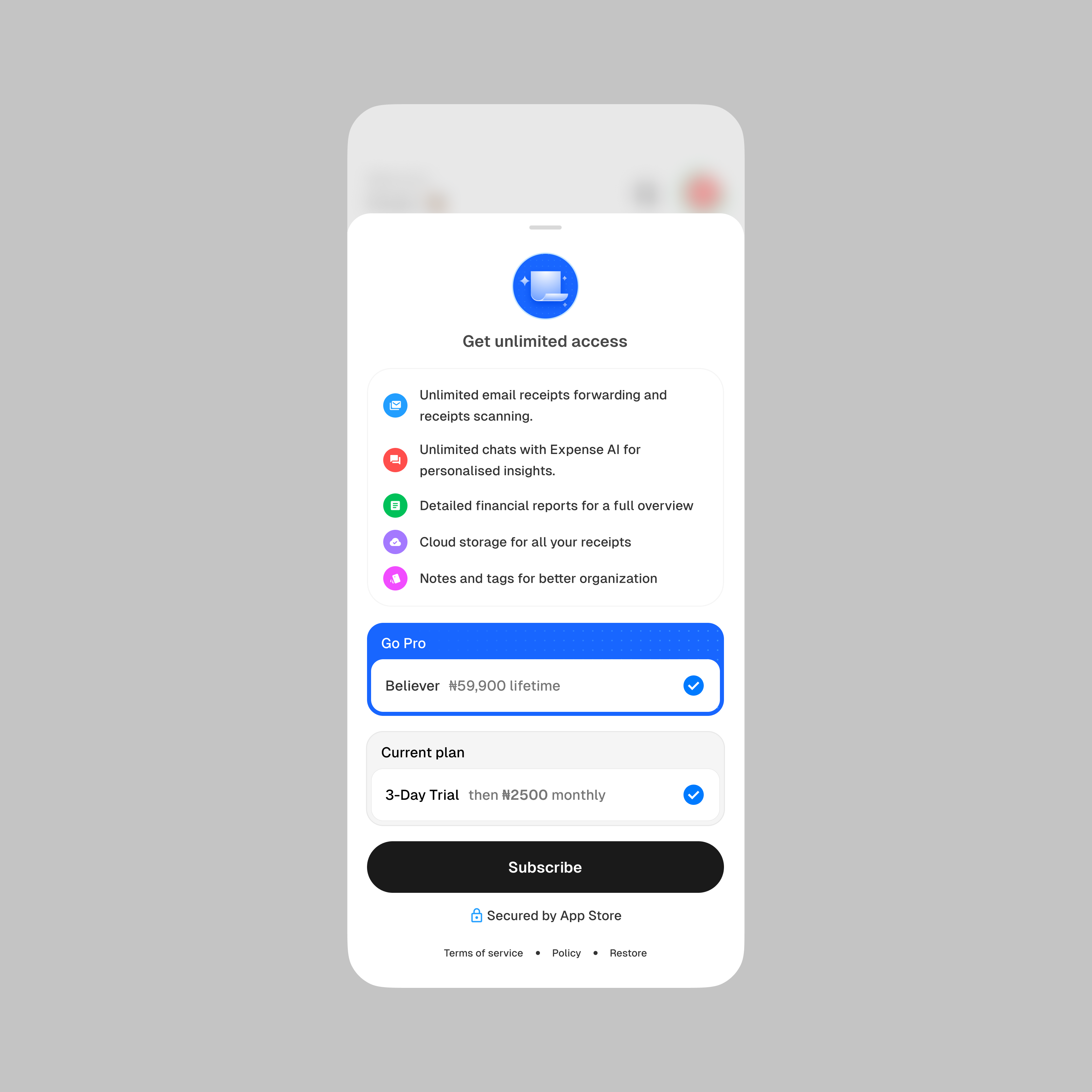 Payment wall for an expense app by Oyeleye Ogunsanya | Layers